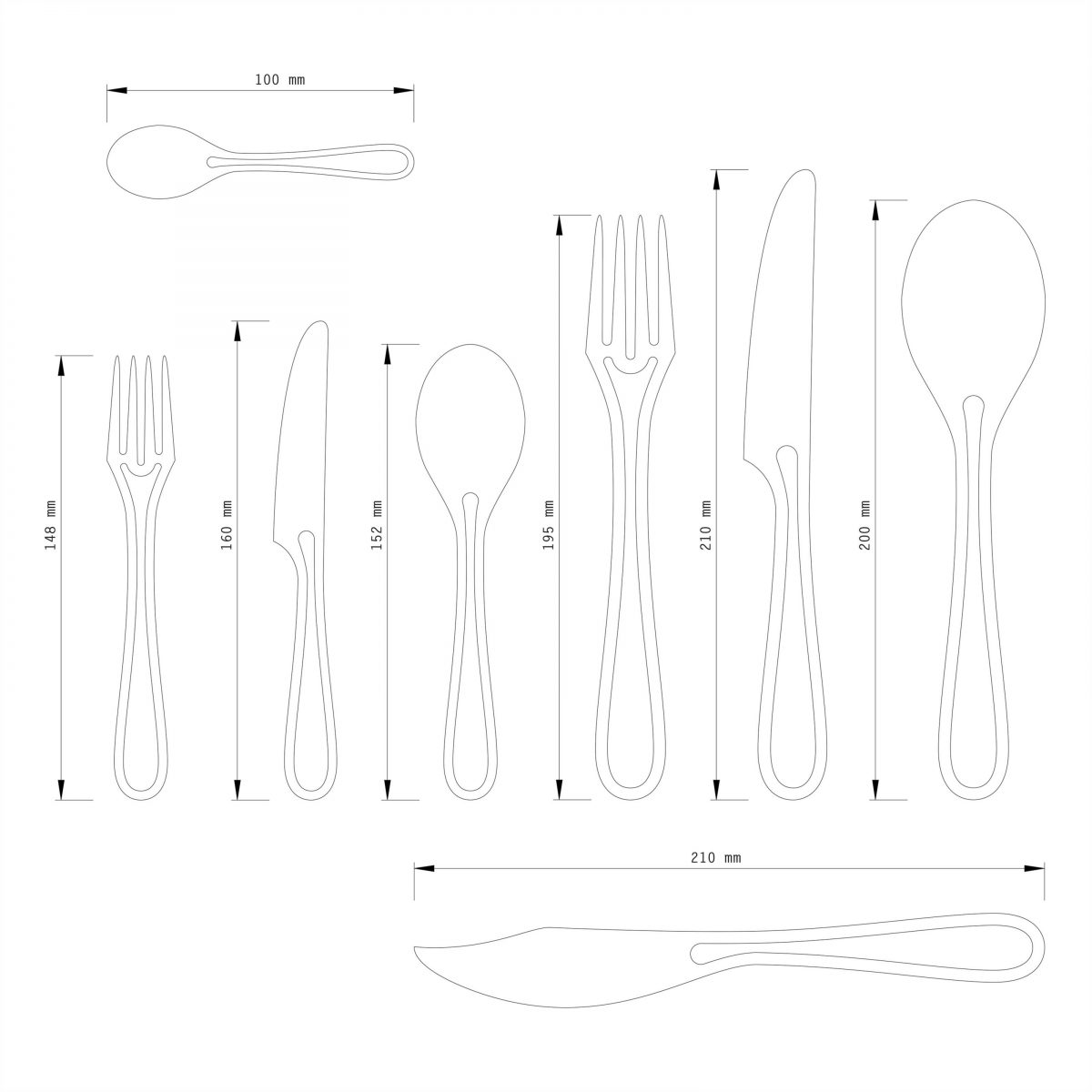 Outline Rainbow cutlery, small fork knife and spoon & big items.